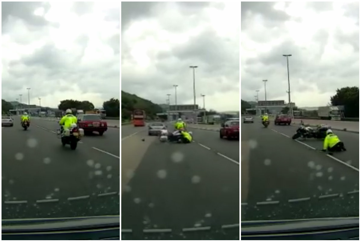 Video of newbie traffic cop falling off motorcycle on highway during ...
