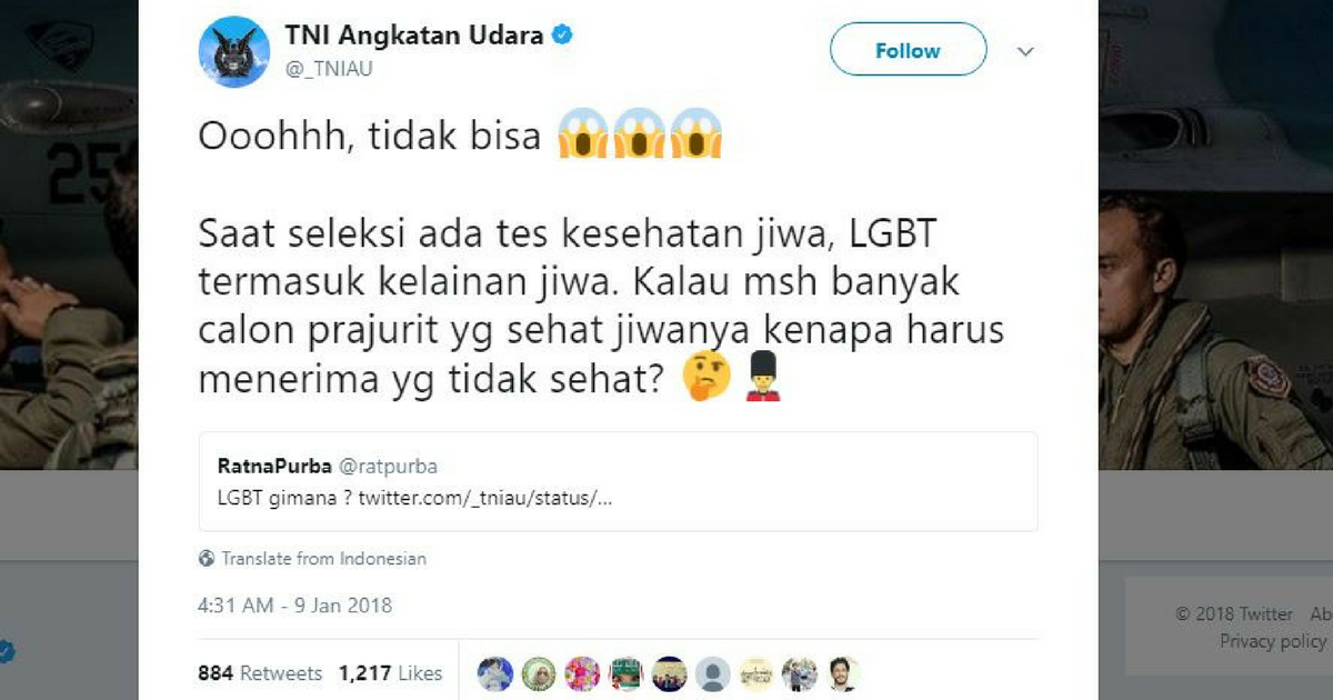 Indonesian Air Force Twitter account says LGBT soldiers are ...