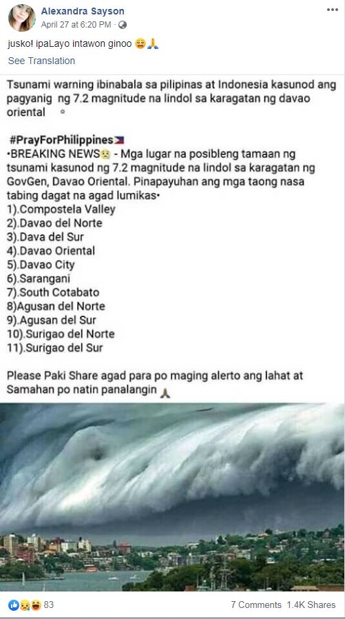 No, this is not a genuine tsunami warning issued for the Philippines ...