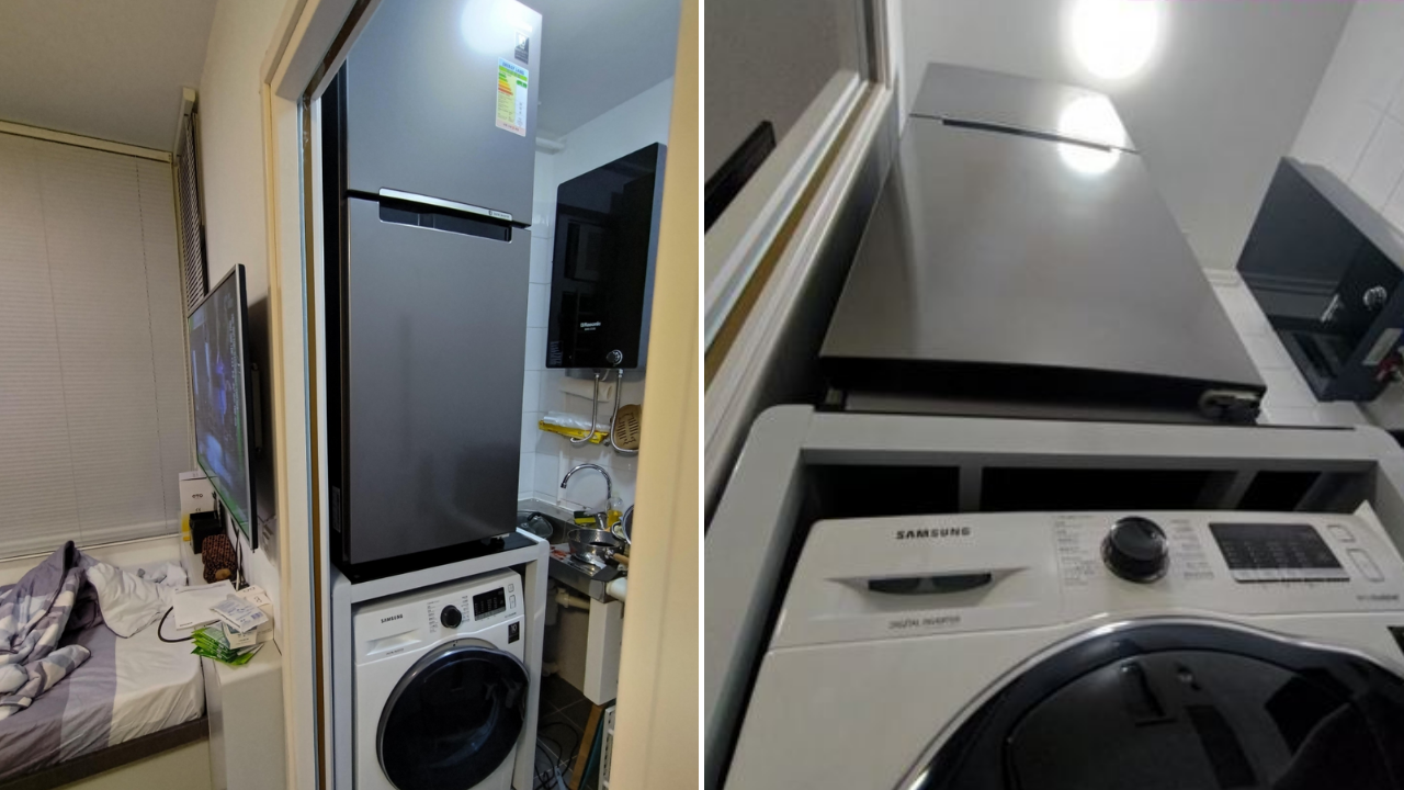 No space, no problem: Photo of fridge atop washer in cramped flat ...