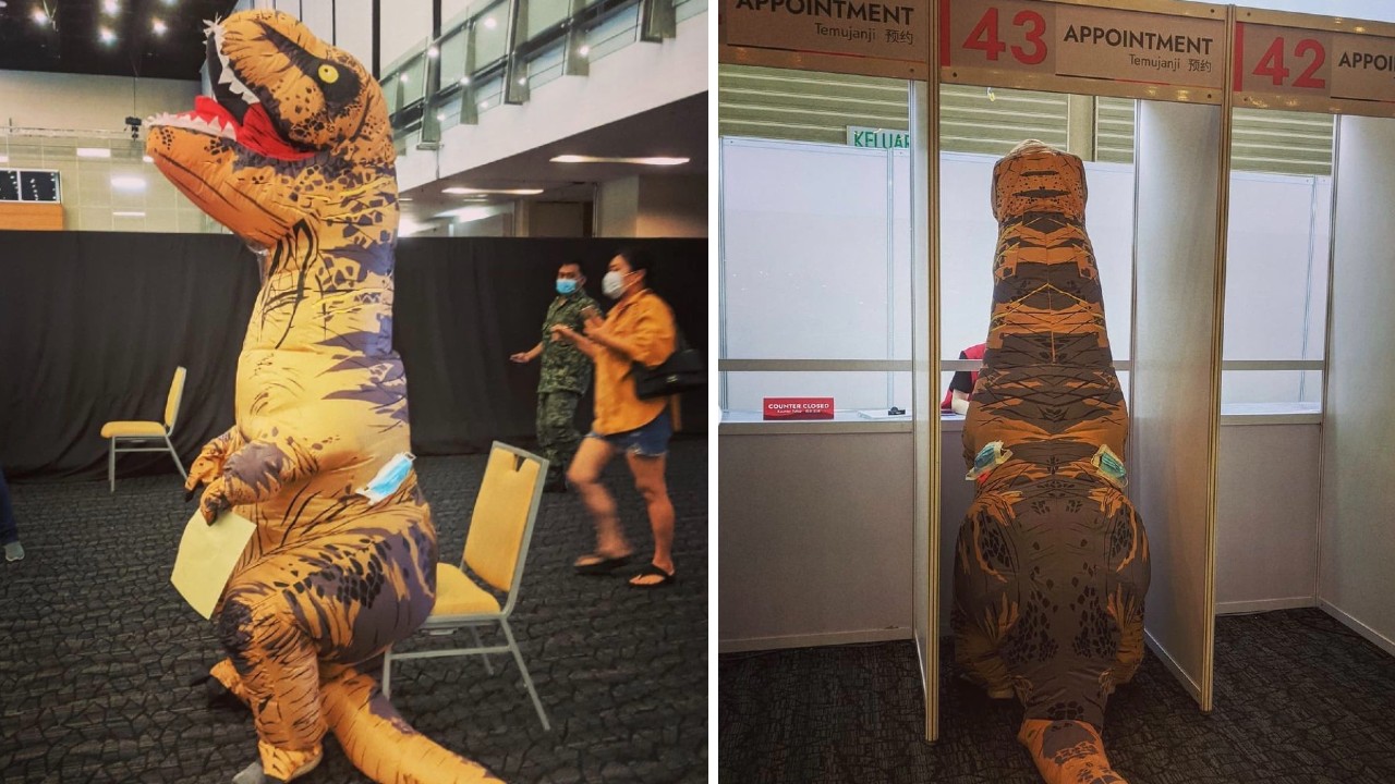 T-Rex in Sarawak? Fitness influencer dons dinosaur suit for Sinovac jab ...